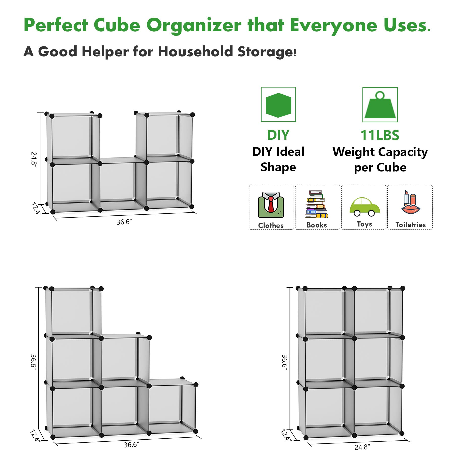 C&AHOME Cube Storage Organizer, 6-Cube Shelves Units, Closet Cabinet, DIY Plastic Modular Book Shelf, Ideal for Bedroom, Living Room, Office, 36.6" L x 12.4" W x 36.6" H Grey UPCS06G