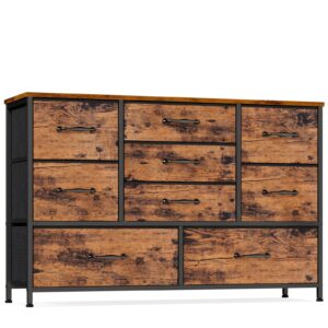 furnulem wide dresser with 9 large drawers for 55'' long tv stand entertainment center,wood shelf storage for bedroom,living room,closet,entryway,sturdy metal frame (rustic brown