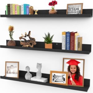 icona bay 36 inch floating shelves for wall, set of 3 in ebony black, modern rustic style, wall mounted display shelves, picture ledges