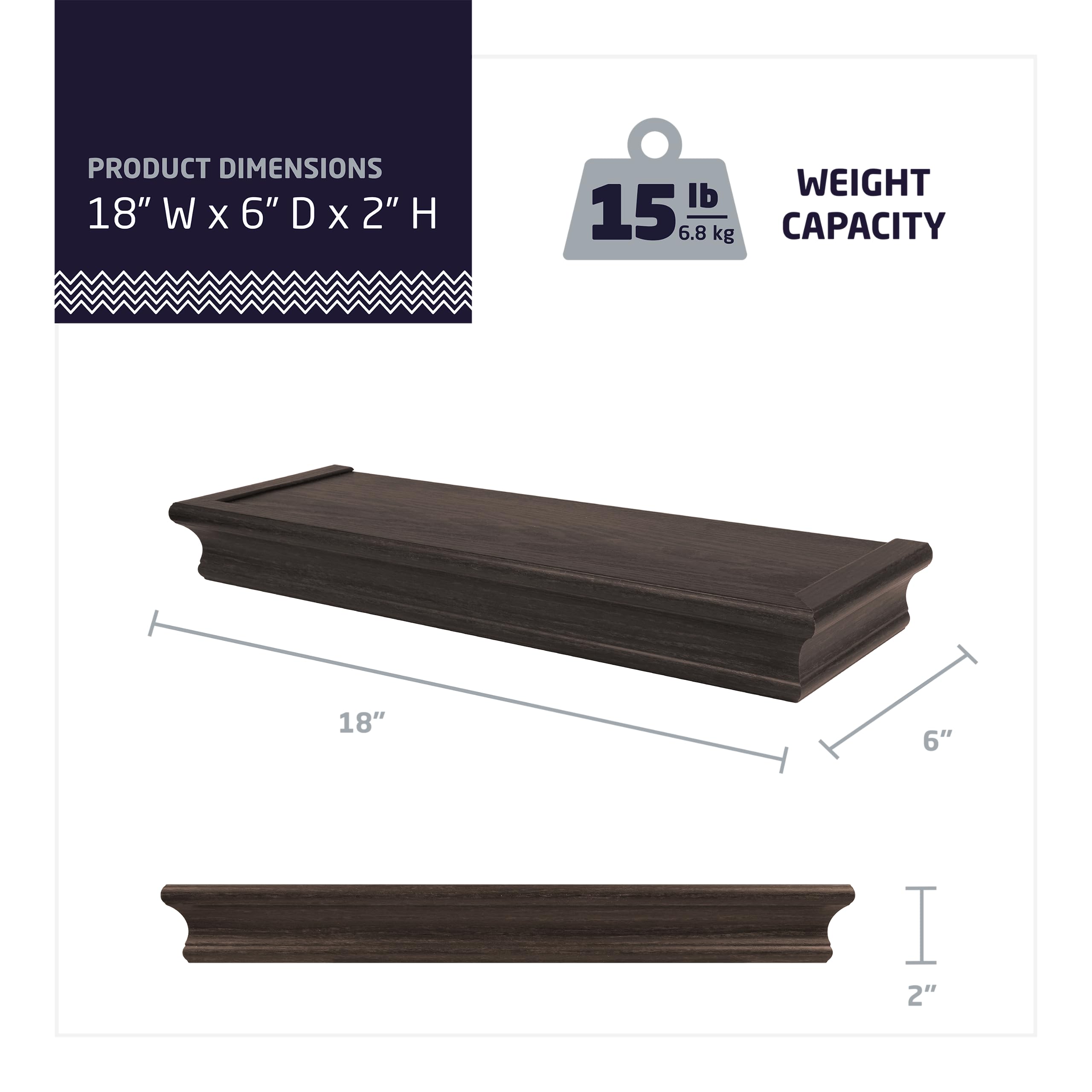 HIGH & MIGHTY 515606 Decorative 18" Floating Shelf Holds up to 15lbs, Easy Tool-Free Dry Wall Installation, Beveled, Retail Packaging, Espresso