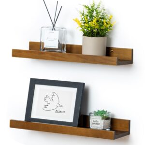 flyjoe picture ledge wall shelves 16 inch width set of 2, solid pine wood rustic floating ledge shelves for wall for kids' room bedroom kitchen bathroom living room nursery display wall decor, walnut