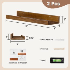 FLYJOE Picture Ledge Wall Shelves 16 inch Width Set of 2, Solid Pine Wood Rustic Floating Ledge Shelves for Wall for Kids' Room Bedroom Kitchen Bathroom Living Room Nursery Display Wall Decor, Walnut