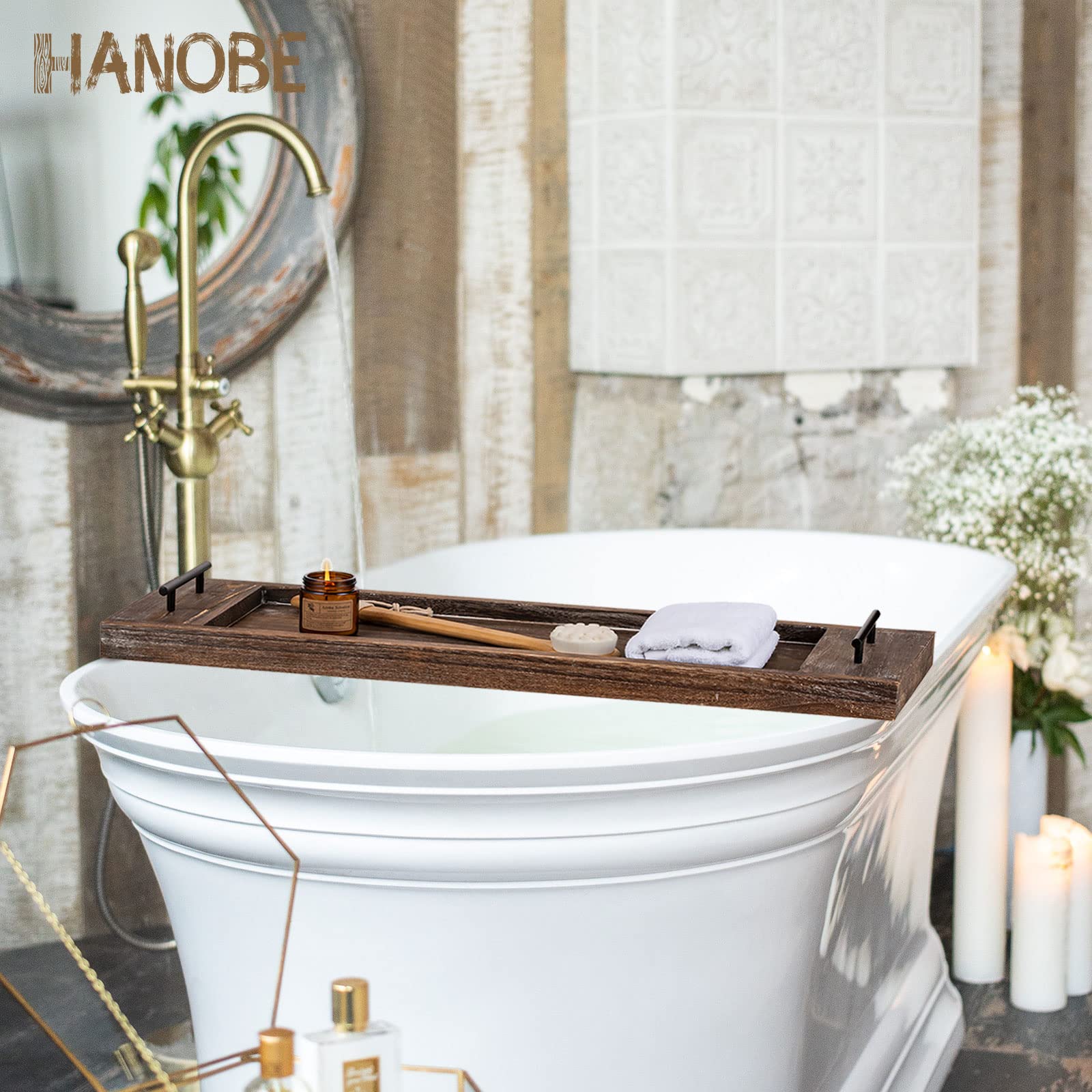 Hanobe Bathtub Tray Bath Caddy: Wood Tub Trays Table Extra Large Rustic Bathtub Shelf Across Tub Wooden Serving Tray with Handles for Bathroom, 31"