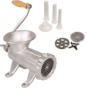 cast iron table mount meat grinder - manual mincer includes two 3/4" cutting disks and sausage stuffer funnel, heavy duty- make homemade ground beef burgers, easy to use and cooking tool must have