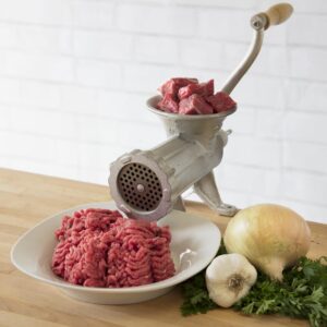 Cast Iron Table Mount Meat Grinder - Manual Mincer Includes Two 3/4" Cutting Disks and Sausage Stuffer Funnel, Heavy Duty- Make Homemade Ground Beef Burgers, Easy to Use and Cooking Tool Must Have