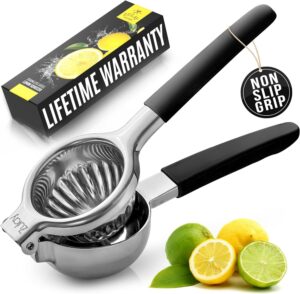 zulay kitchen lemon squeezer stainless steel press - non-slip, ergonomic design with solid, heavy-duty squeezer bowl - large manual citrus press juicer & lime squeezer stainless steel (black)