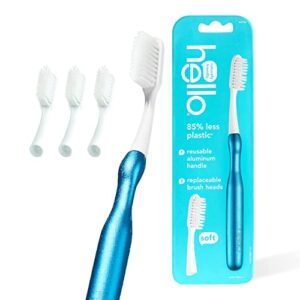 hello manual adult toothbrush with reusable blue modern aluminum handle & 4 soft replacement heads, bpa-free, 4 count