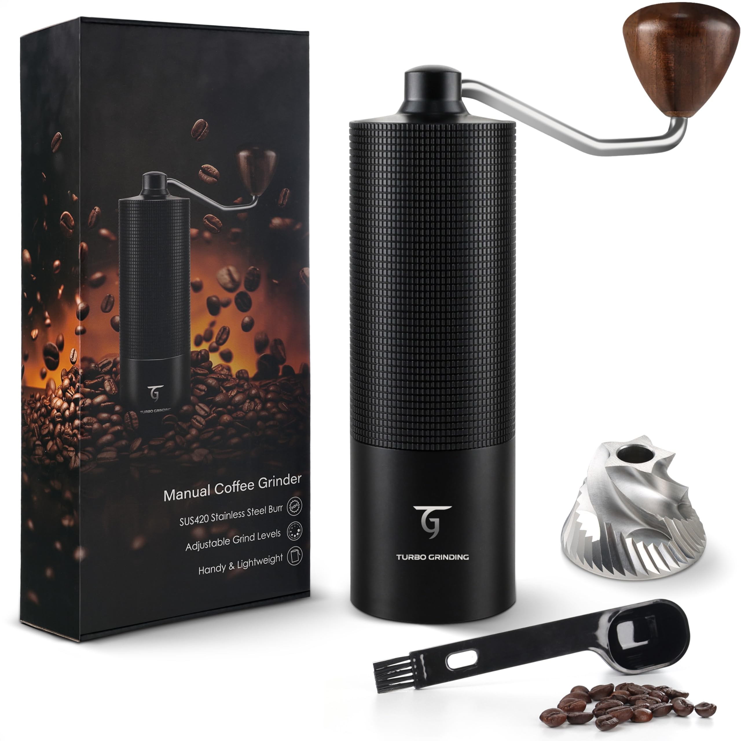 SUNYA Full Metal Manual Coffee Grinder with Stainless Steel Conical Burr & Walnut Handle, Adjustable Hand Grinder for Expresso and Cold Brew, Detailed Recipes Included