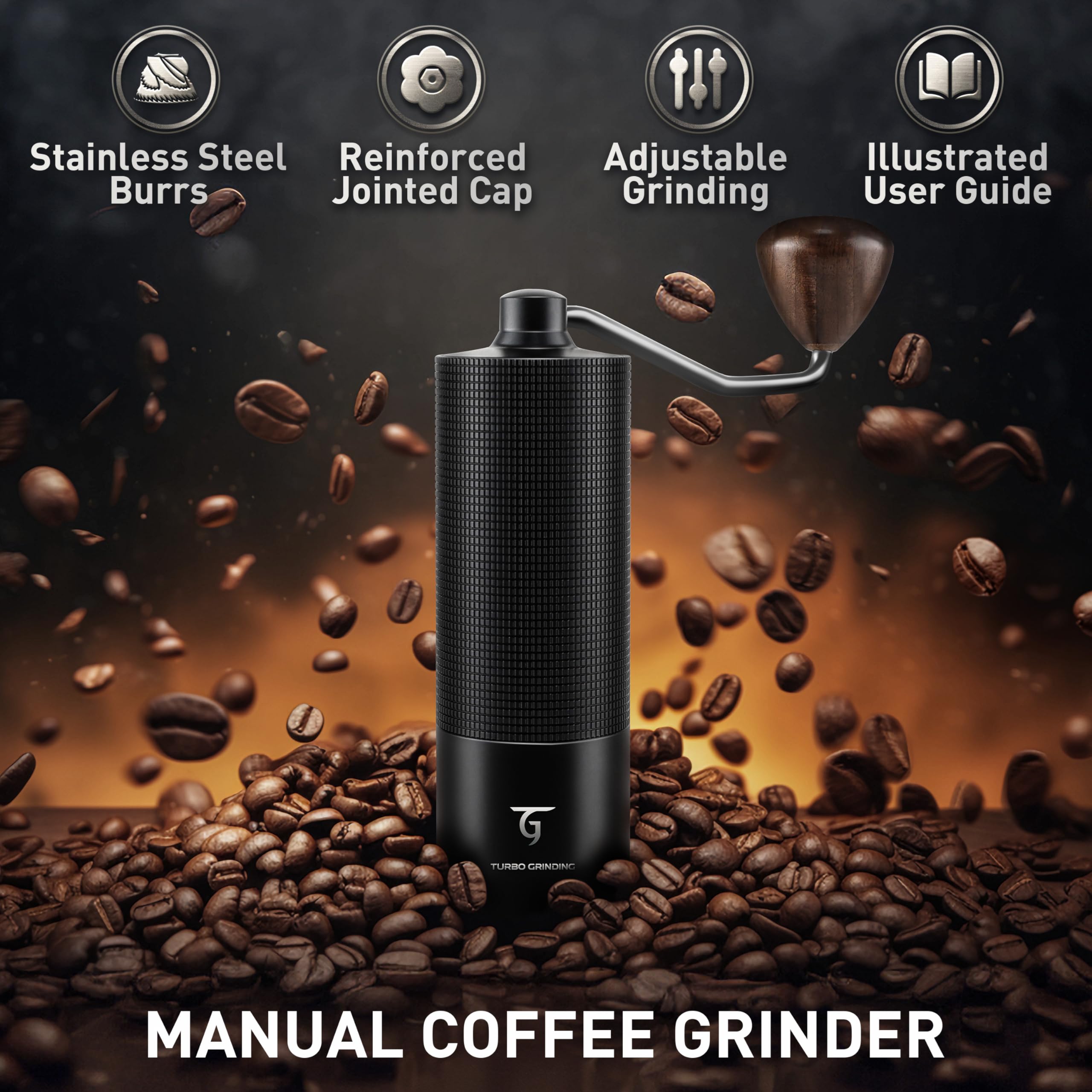 SUNYA Full Metal Manual Coffee Grinder with Stainless Steel Conical Burr & Walnut Handle, Adjustable Hand Grinder for Expresso and Cold Brew, Detailed Recipes Included