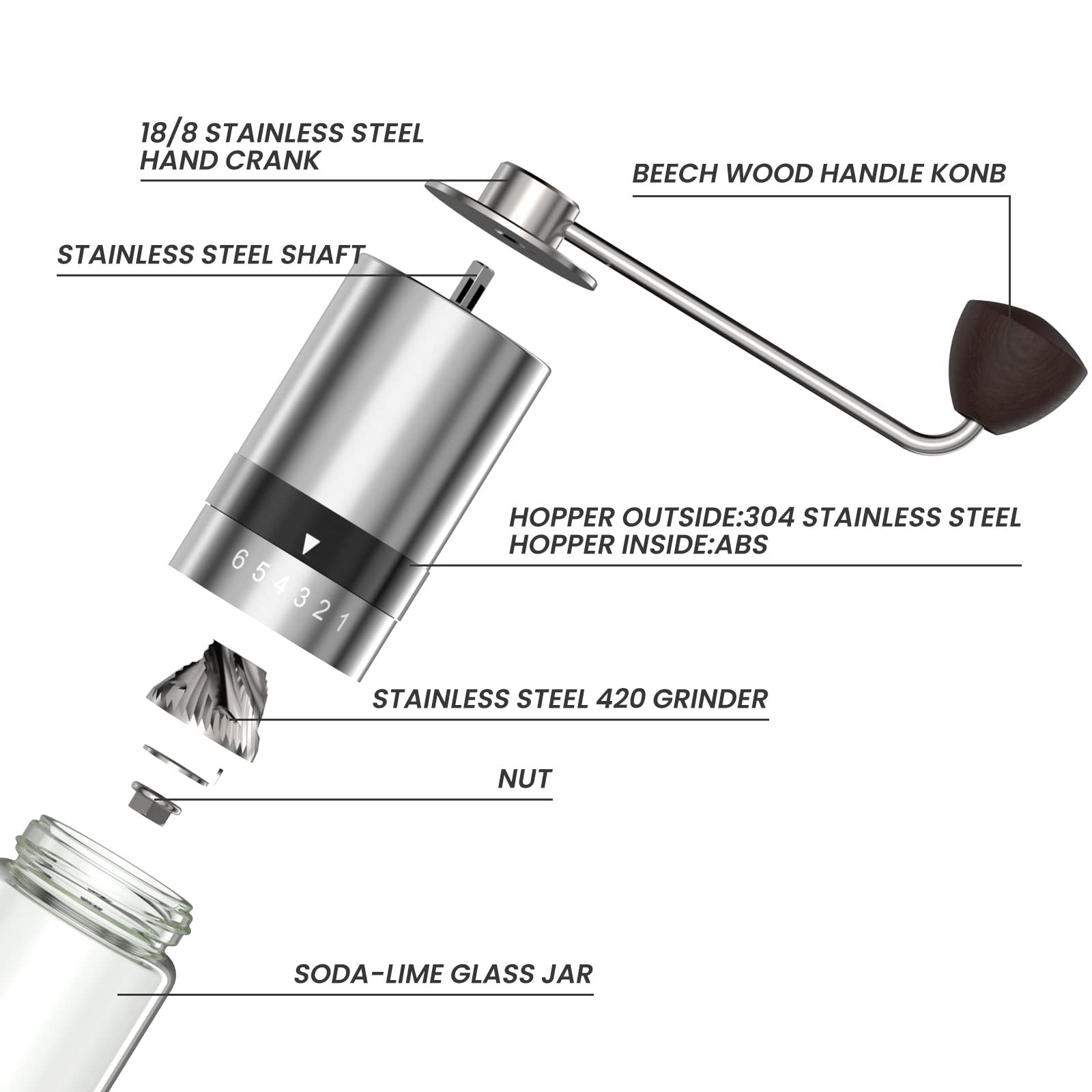 VEVOK CHEF Manual Coffee Grinder Stainless Steel Burr Grinder 6 External Adjustable Setting Vintage Hand Coffee Grinder Portable Hand Crank Conical Coffee Bean Grinder Mill for Home,Camping