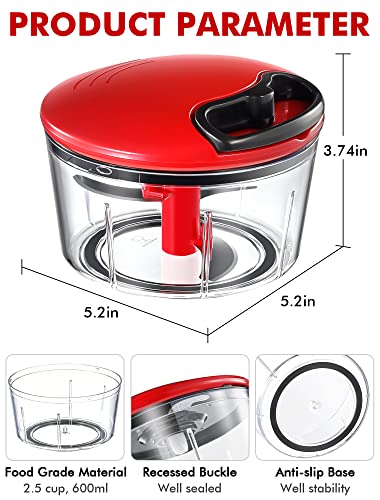 Manual Food Chopper, Hand Pull String Onion Chopper, Dishwasher Safe Food Mincer, No BPA Food Grade Material, 2.5 Cups 0.6L