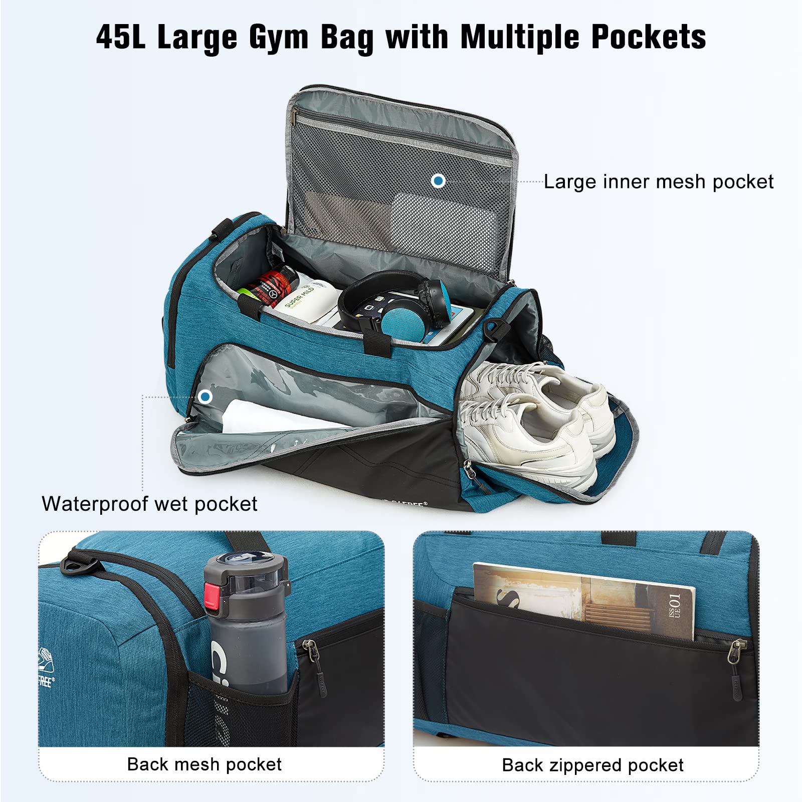 G4Free 45L/60L 3 Way Travel Backpack Large Luggage Gym Bag with Wet Compartment and Shoe Compartment for Travel, Swimming, Yoga, Hiking, Camping, Peacock Blue, 45L