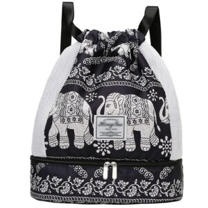 drawstring bag sport gym backpack with shoe compartment and dry wet depart swimming gym bag, drawstring backpack gym bags for men/women for travel, fitness, soccer, beach(black print)