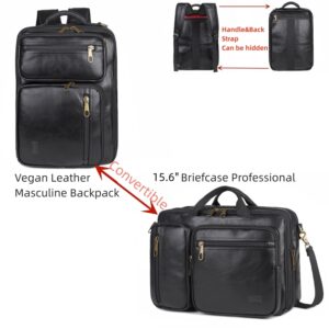 Vegan Leather Laptop Backpack Briefcase Hybrid 15.6 Inch Laptop Travel Backpack Hiking College Backpack for Men BC-04 (Black)