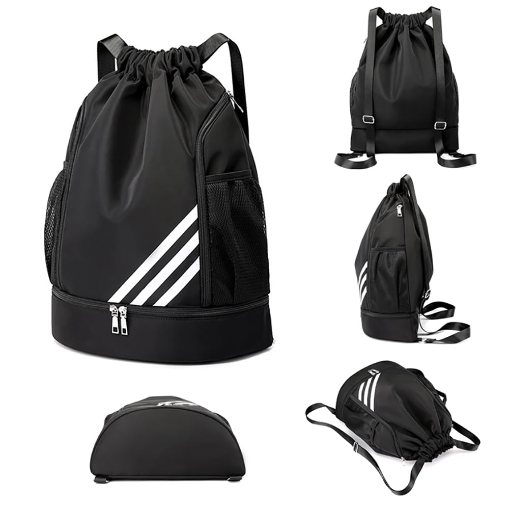 JUST DO Drawstring Gym Backpack with Shoes Compartment, Sports Backpack for Men women, Waterproof for Swim Sport Yoga Hiking Travel (Black)