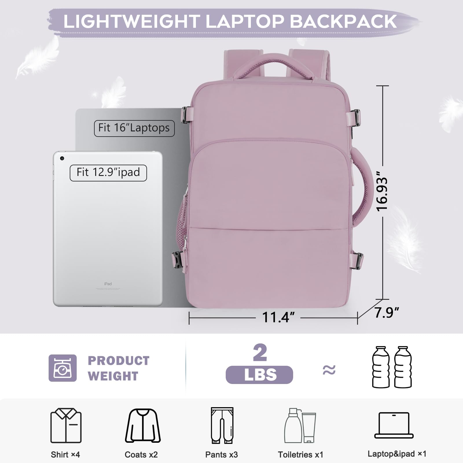 Getravel Travel Backpack, Carry On Backpack, Personal Item Bag for Airlines, Lightweight Casual Work College Gym Hiking Daypack Weekender bag, Laptop Backpack, Light Purple