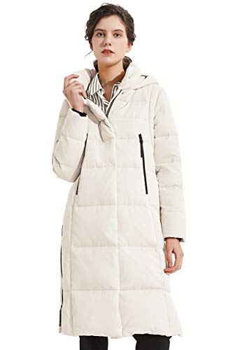 Orolay Women's Thickened Long Down Jacket Winter Down Coat Hooded Puffer Jacket with Side Zipper (White, Large)