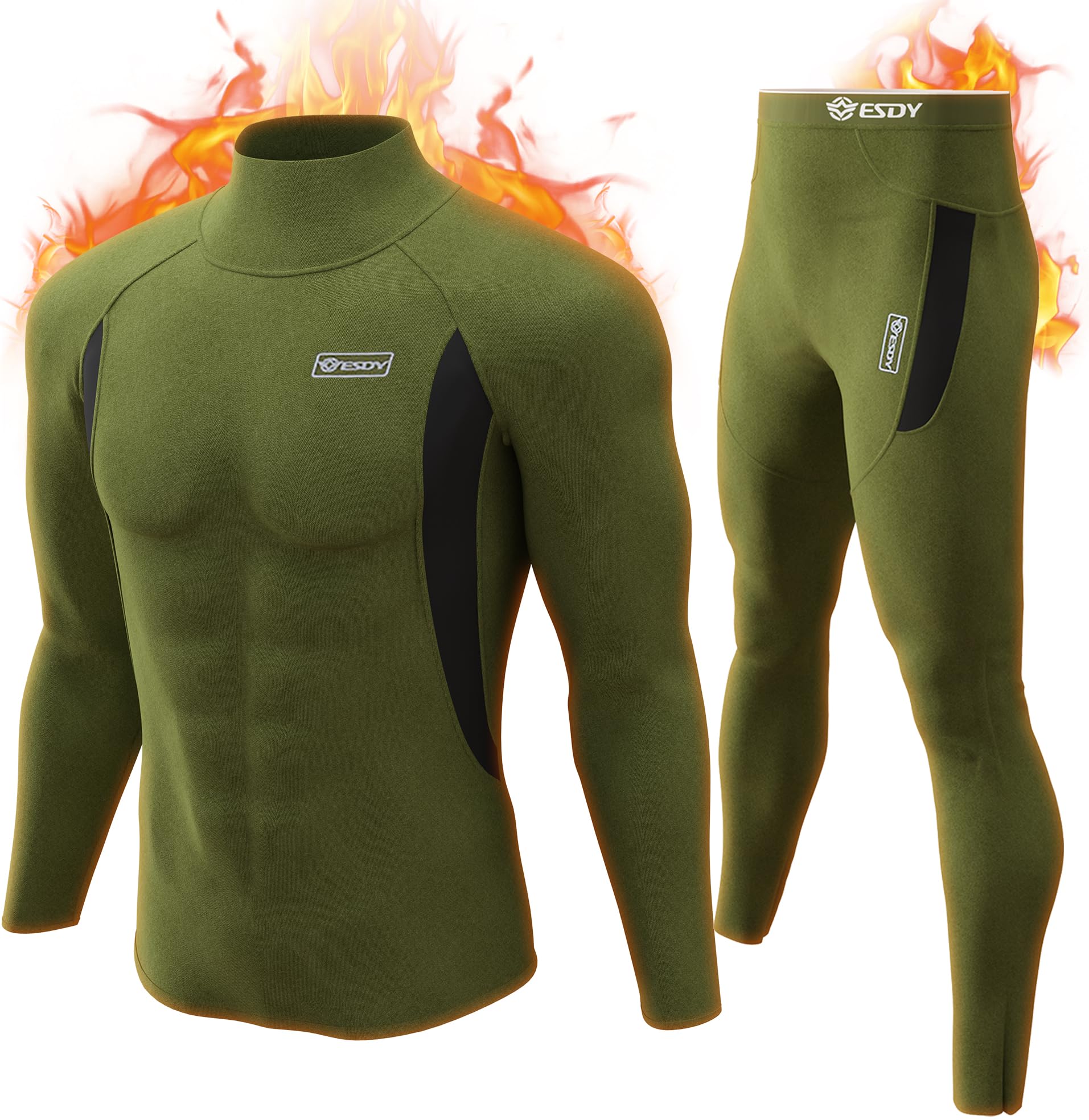 romision Turtle Neck Long Johns Thermal Underwear for Men Fleece Base Layer Cold Weather Top and Bottom Set Hunting Gear