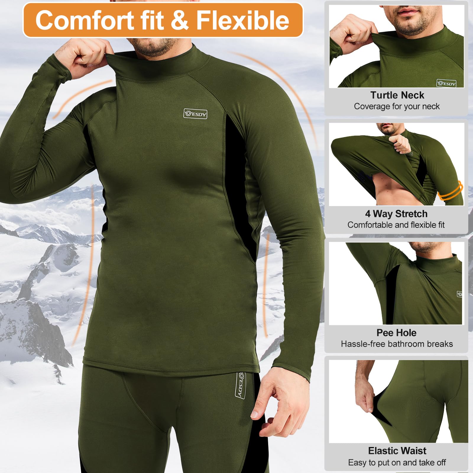 romision Turtle Neck Long Johns Thermal Underwear for Men Fleece Base Layer Cold Weather Top and Bottom Set Hunting Gear