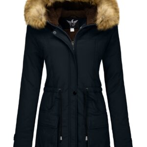 YXP Women's Winter Thicken Military Parka Jacket Warm Fleece Cotton Coat with Fur Hood (Navy,L)