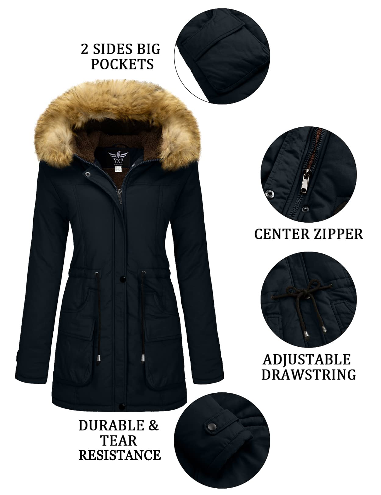 YXP Women's Winter Thicken Military Parka Jacket Warm Fleece Cotton Coat with Fur Hood (Navy,L)