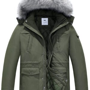 GGleaf Men's Winter Parka Jacket Puffer Jacket Thickened Padded Winter Coat with Fur Hood Army Green S