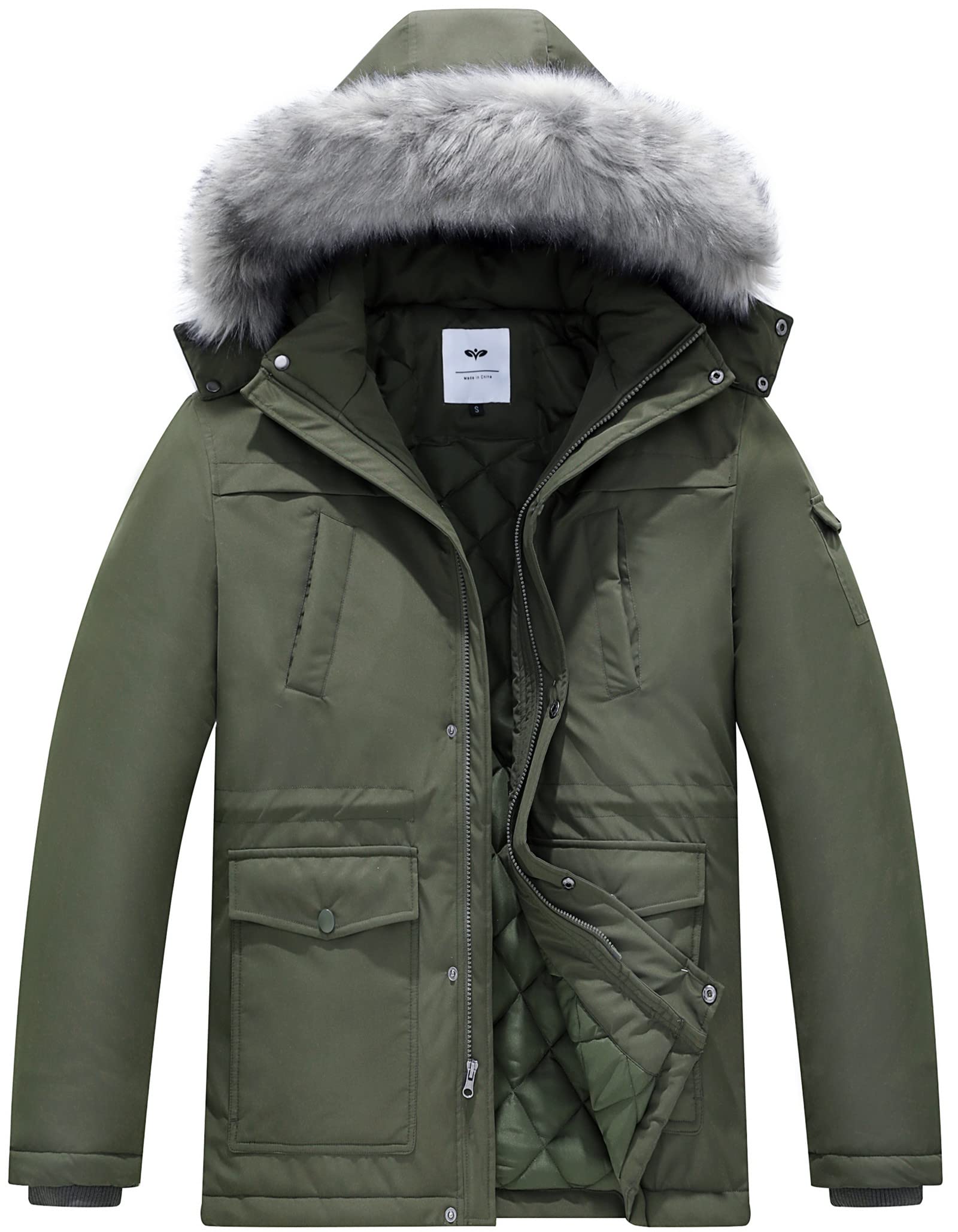 GGleaf Men's Winter Parka Jacket Puffer Jacket Thickened Padded Winter Coat with Fur Hood Army Green S