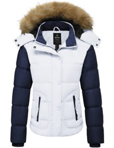 wantdo women's insulated puffer jacket warm heavy insulated coat (white & navy, medium)