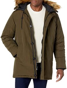 guess men's heavyweight hooded parka jacket with removable faux fur trim, olive, small