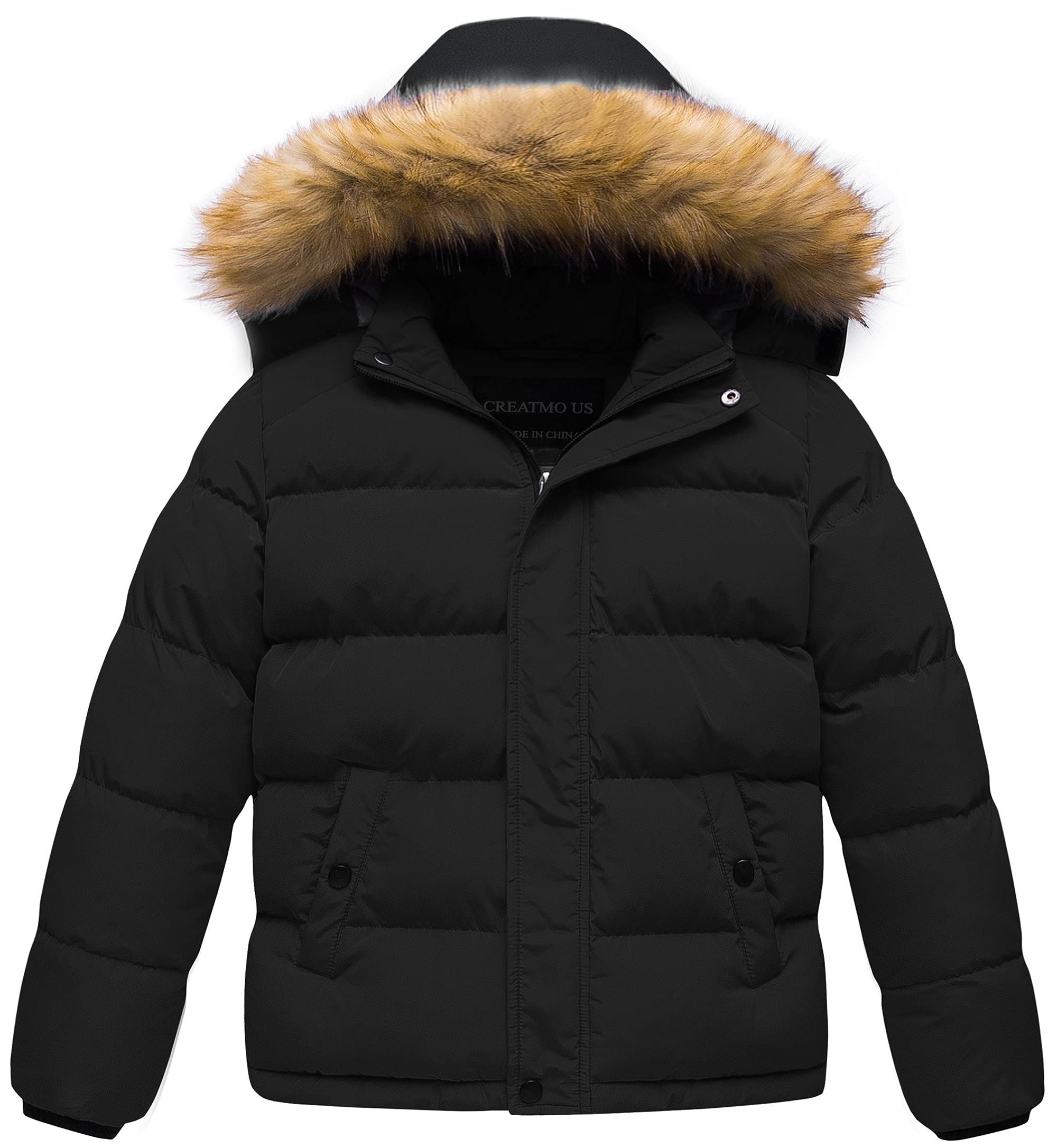 CREATMO US Boy's Padded Winter Coat Windproof Puffer Jacket With Removable Hood Black 14/16