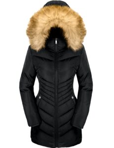 szory women's down jacket winter long puffer parka coat with removable fur hood (black,medium)