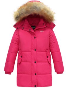 wantdo girl's winter coats long puffer coats warm fleece jacket with hood rose red 10-12