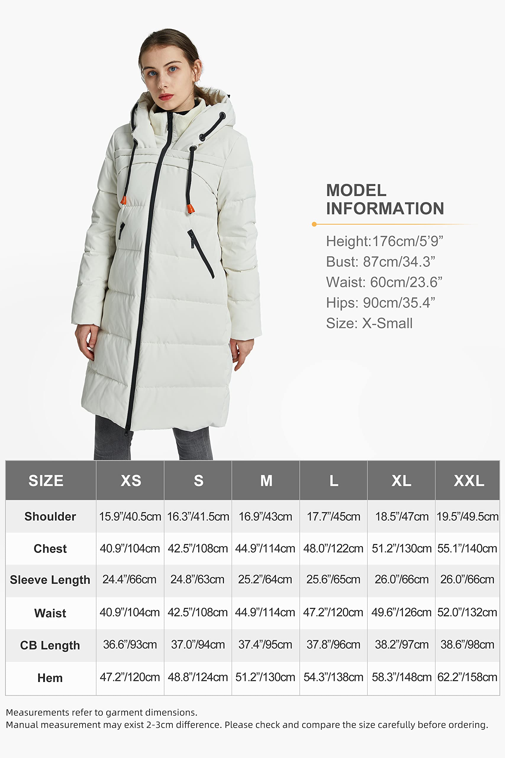 Orolay Women's Thickened Contrast Color Drawstring Down Jacket Hooded Parka Long Puffer Coat White L