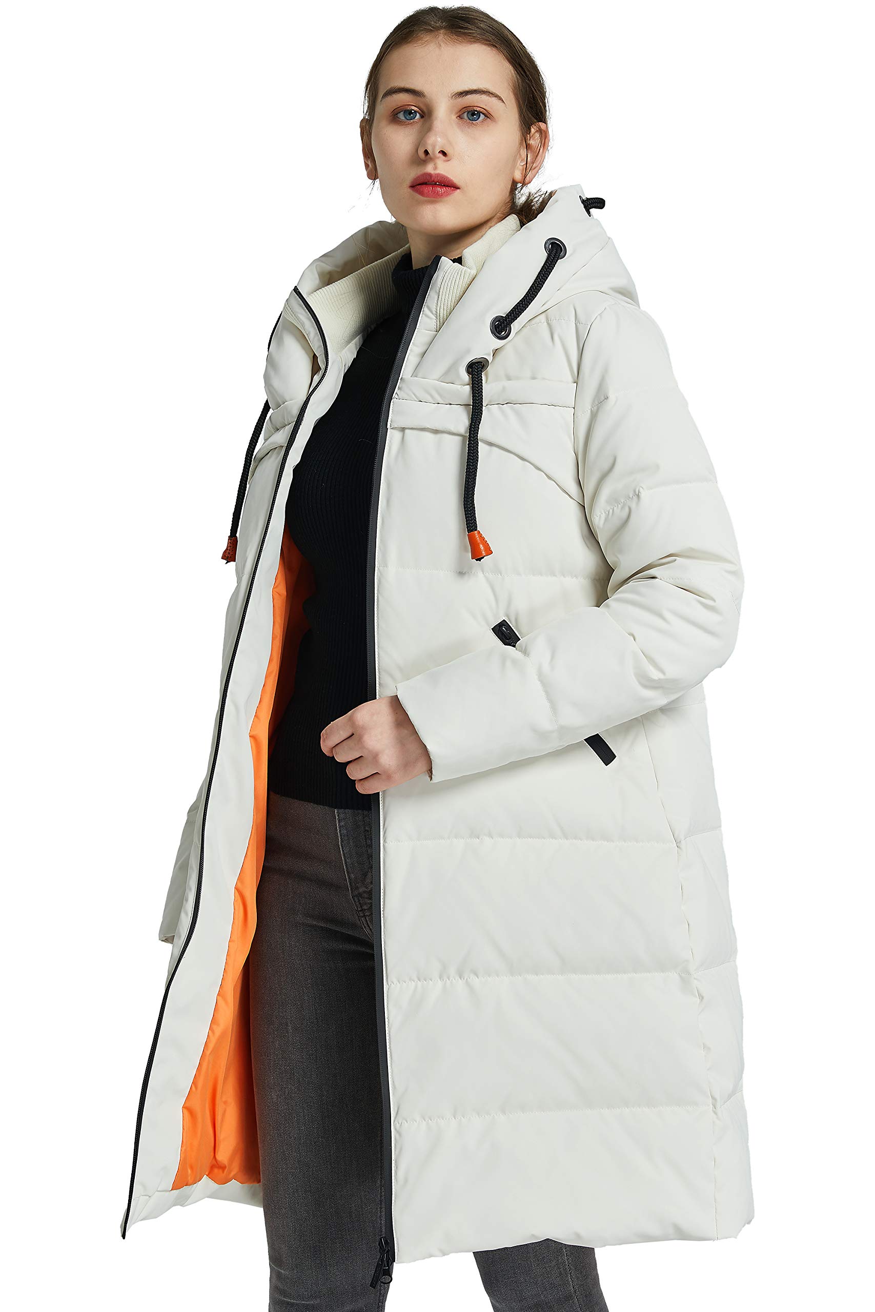 Orolay Women's Thickened Contrast Color Drawstring Down Jacket Hooded Parka Long Puffer Coat White L