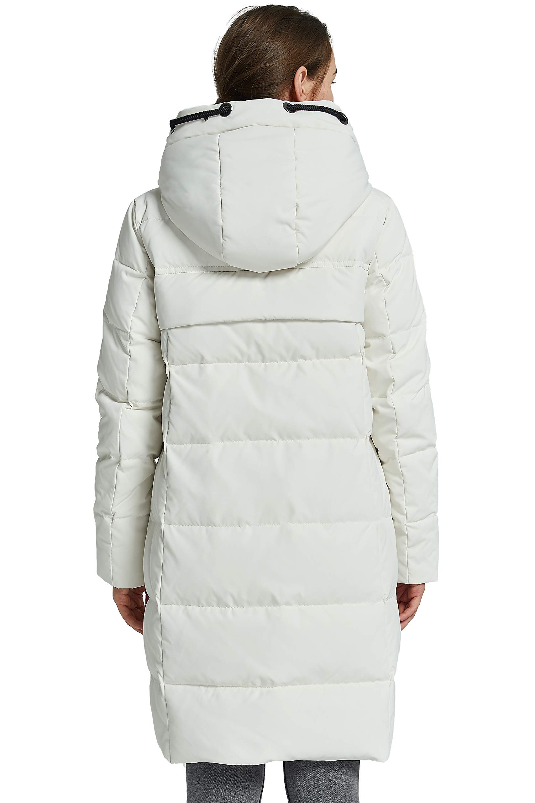 Orolay Women's Thickened Contrast Color Drawstring Down Jacket Hooded Parka Long Puffer Coat White L