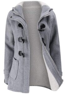 jiangwu womens fashion horn button fleece thicken coat with hood winter warm jacket (medium, light-gray)