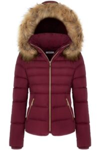 bodilove women's winter quilted puffer short coat jacket with removable faux fur hood and zipper burgundy l