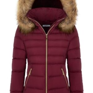 BodiLove Women's Winter Quilted Puffer Short Coat Jacket with Removable Faux Fur Hood and Zipper Burgundy L