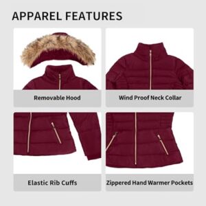 BodiLove Women's Winter Quilted Puffer Short Coat Jacket with Removable Faux Fur Hood and Zipper Burgundy L