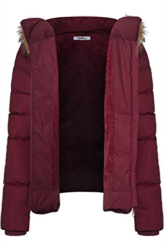 BodiLove Women's Winter Quilted Puffer Short Coat Jacket with Removable Faux Fur Hood and Zipper Burgundy L