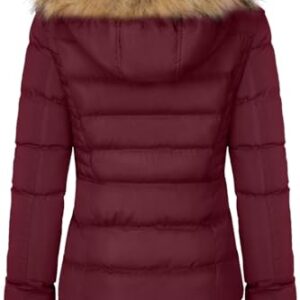 BodiLove Women's Winter Quilted Puffer Short Coat Jacket with Removable Faux Fur Hood and Zipper Burgundy L