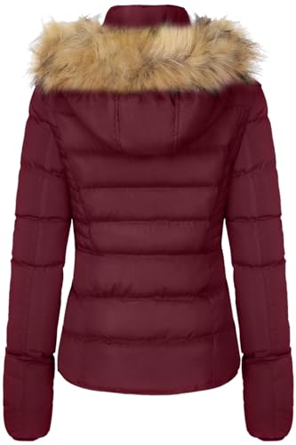 BodiLove Women's Winter Quilted Puffer Short Coat Jacket with Removable Faux Fur Hood and Zipper Burgundy L