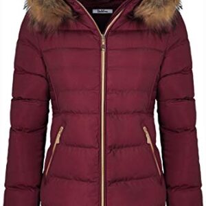 BodiLove Women's Winter Quilted Puffer Short Coat Jacket with Removable Faux Fur Hood and Zipper Burgundy L