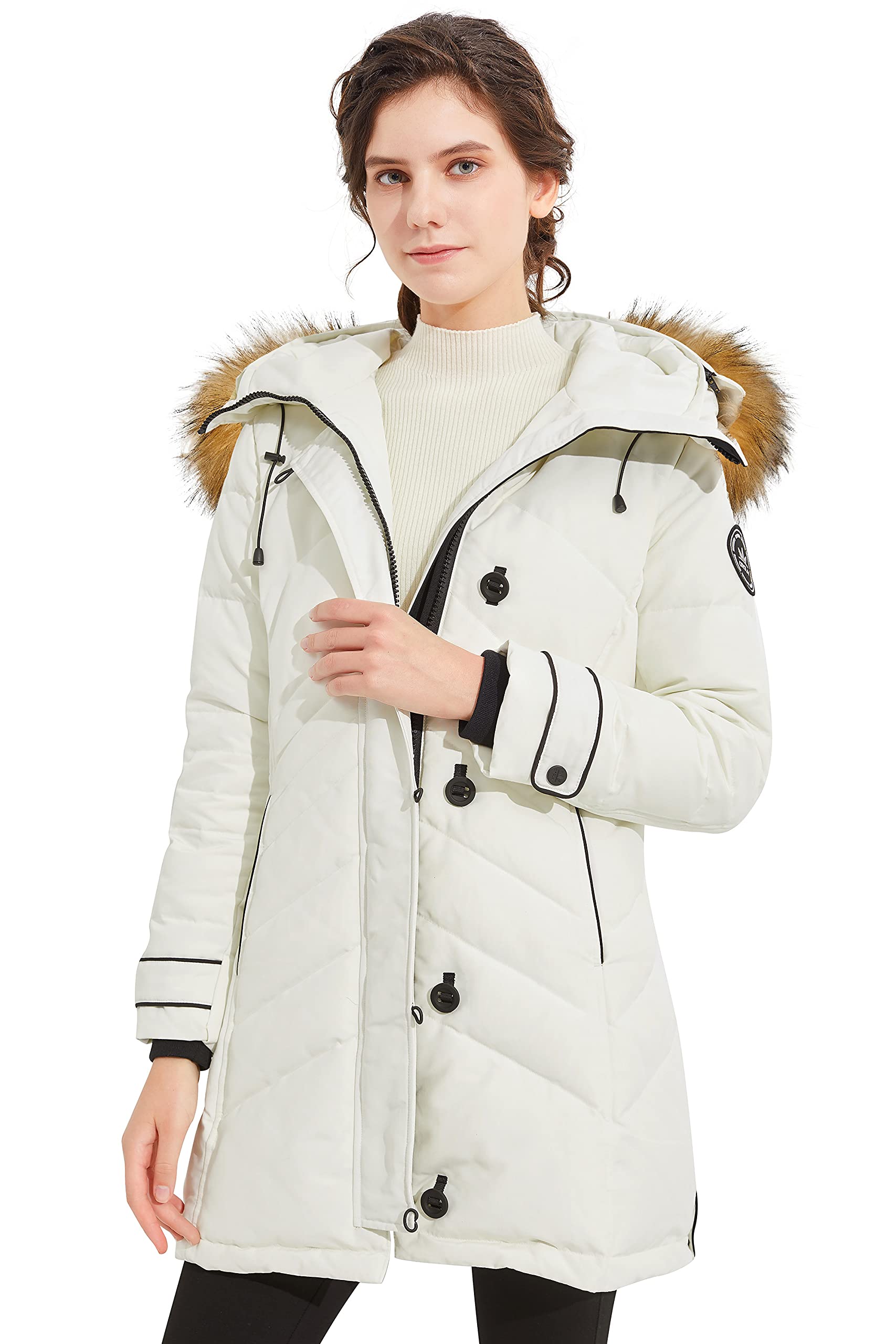 Orolay Women's Hooded Slim Puffer Jacket Quilted Mid Length Winter Down CoatWhite L