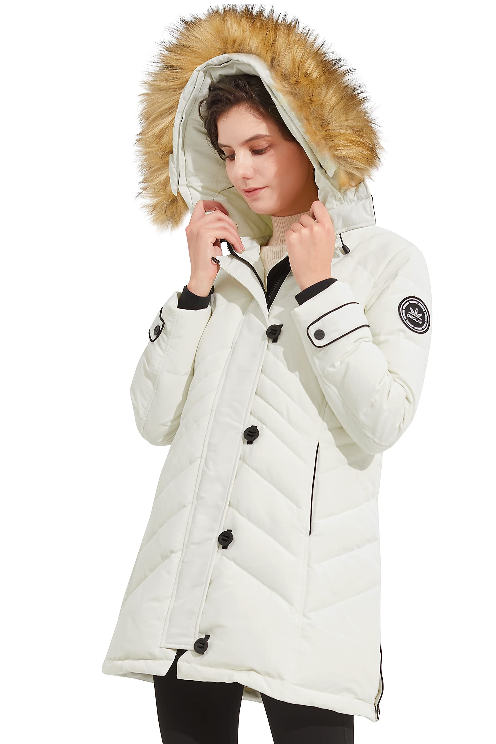 Orolay Women's Hooded Slim Puffer Jacket Quilted Mid Length Winter Down CoatWhite L