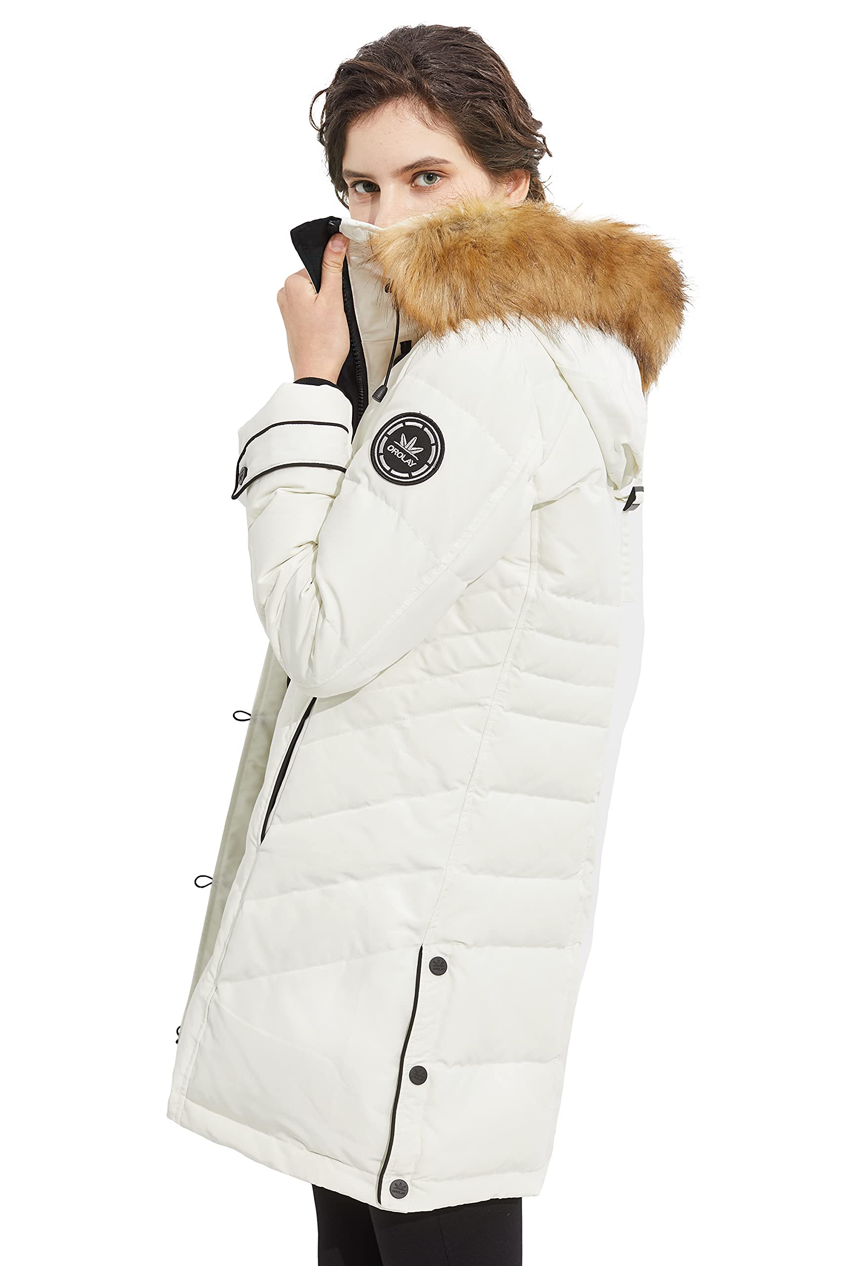 Orolay Women's Hooded Slim Puffer Jacket Quilted Mid Length Winter Down CoatWhite L