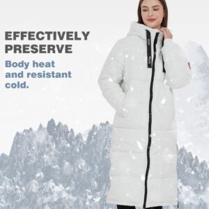 PUREMSX Winter Designer Insulated Parka, Womens Vegan Down Skiing Hiking Thick Arctic Warm Overcoat Quilted Long Jacket,White,Small