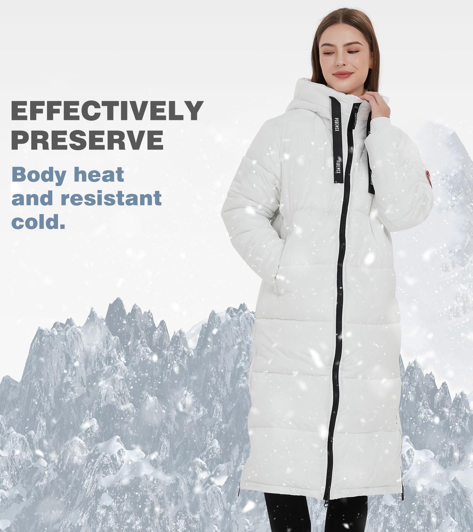 PUREMSX Winter Designer Insulated Parka, Womens Vegan Down Skiing Hiking Thick Arctic Warm Overcoat Quilted Long Jacket,White,Small