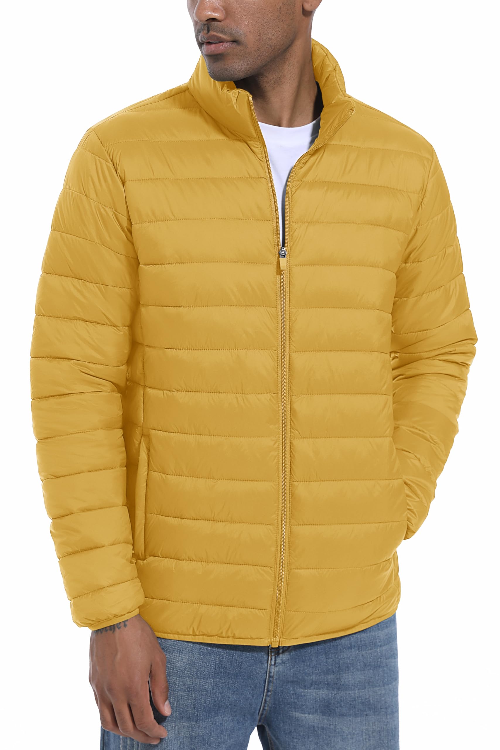 MAGCOMSEN Puffer Jacket Men Packable Down Jacket Lightweight Winter Coats Waterproof Insulated Jacket Ginger L