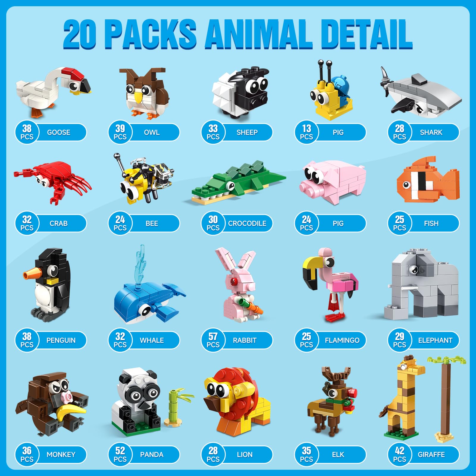 HOGOKIDS Party Favors for Kids - 20 Pack Animals Building Blocks Toy for Easter Gifts Goodie Bags Stocking Stuffer Classroom Prizes Building Set, Valentines Day Birthday Gift for Boys Girls Ages 6-12+